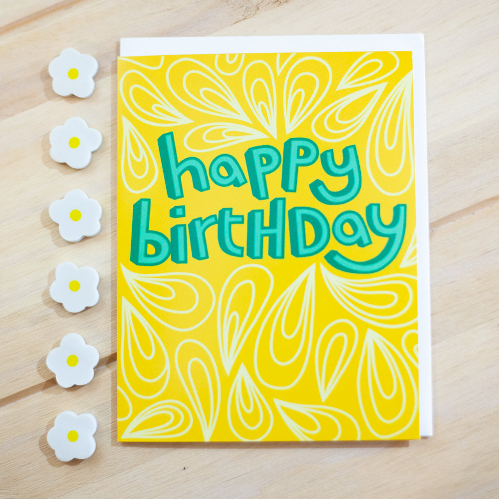 all-ages birthday card, yellow ochre birthday greeting card, illustrat ...