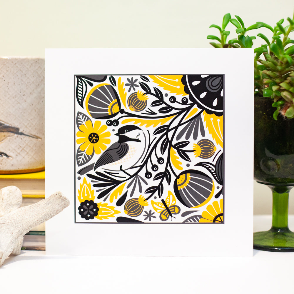 Chickadee art print, Black Capped Chickadee folk art print, Carolina C ...