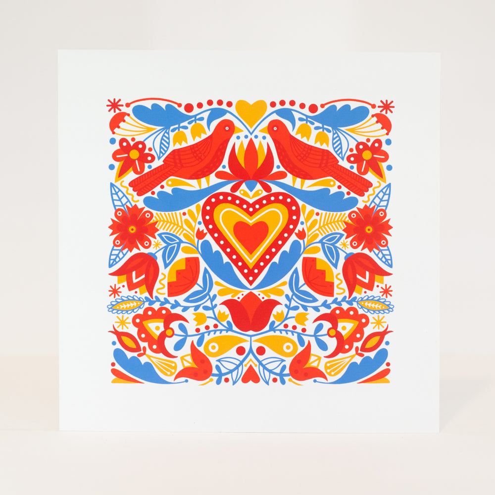 bright folk art birds print, fraktur art print, bird art print, bright ...