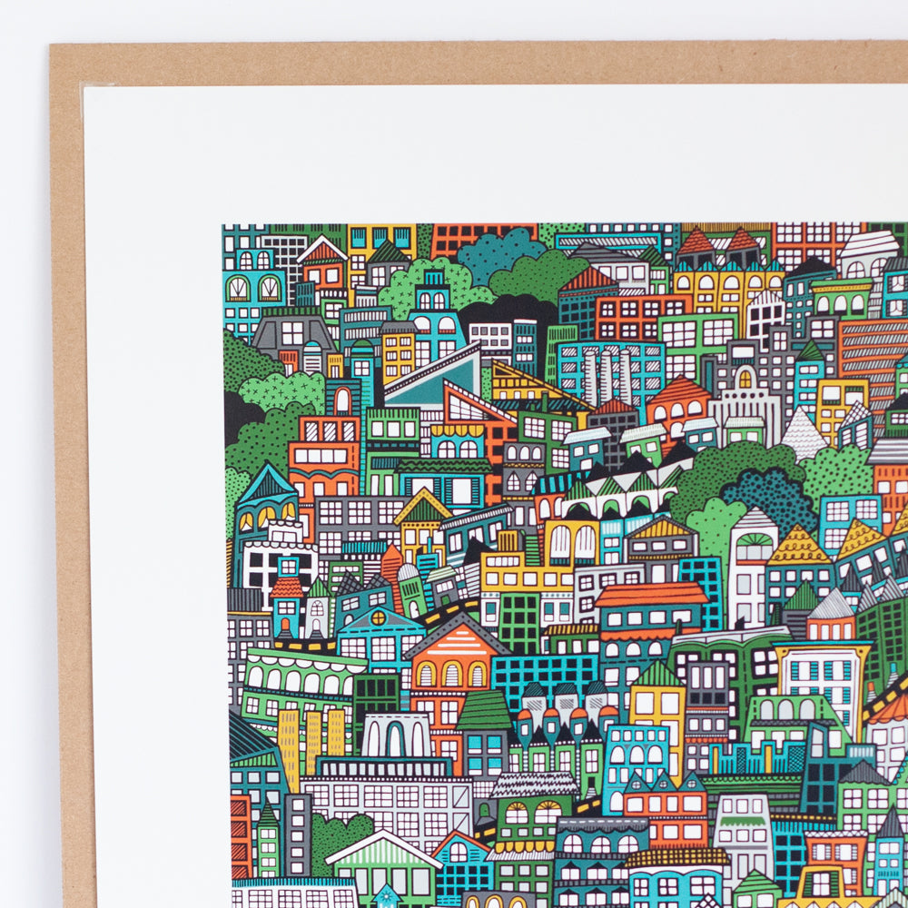 city art print, city illustration print, busy city sprawl illustration ...