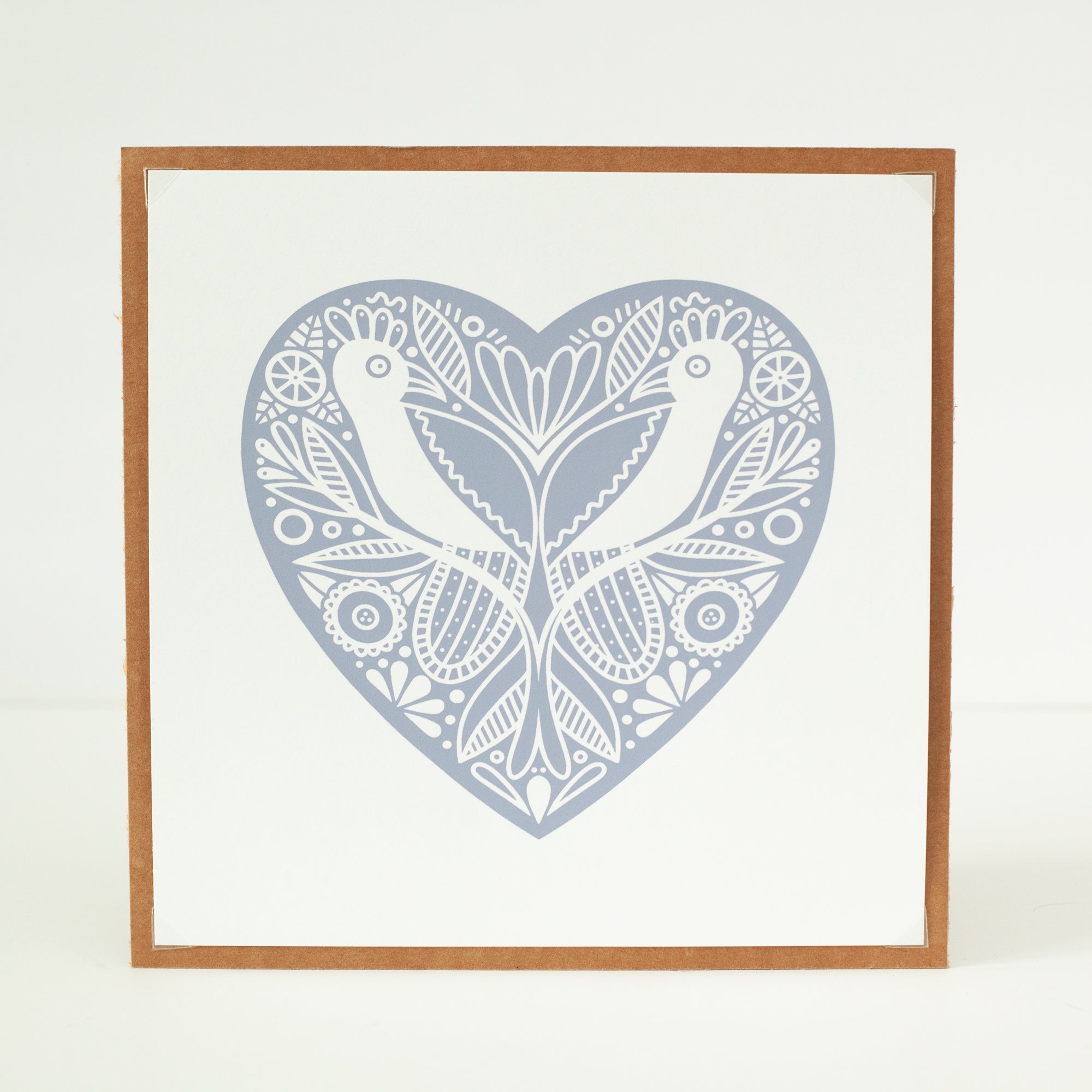 periwinkle folk art heart art print with symmetrical birds, original a ...