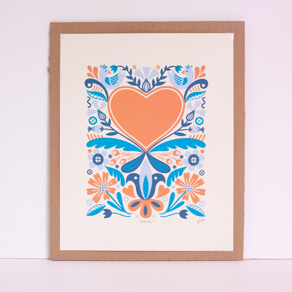 Folk heart art print, fraktur inspired art print, rectangle art for ga ...