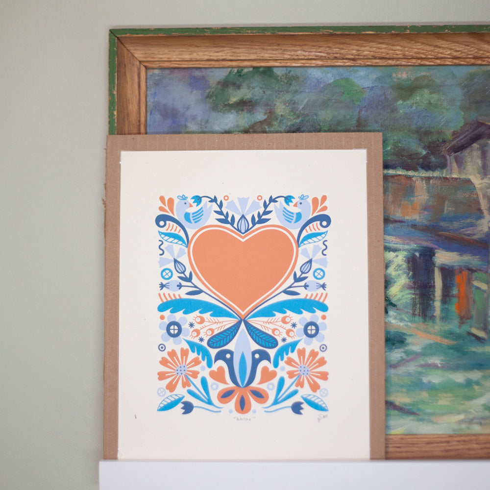 Folk heart art print, fraktur inspired art print, rectangle art for ga ...