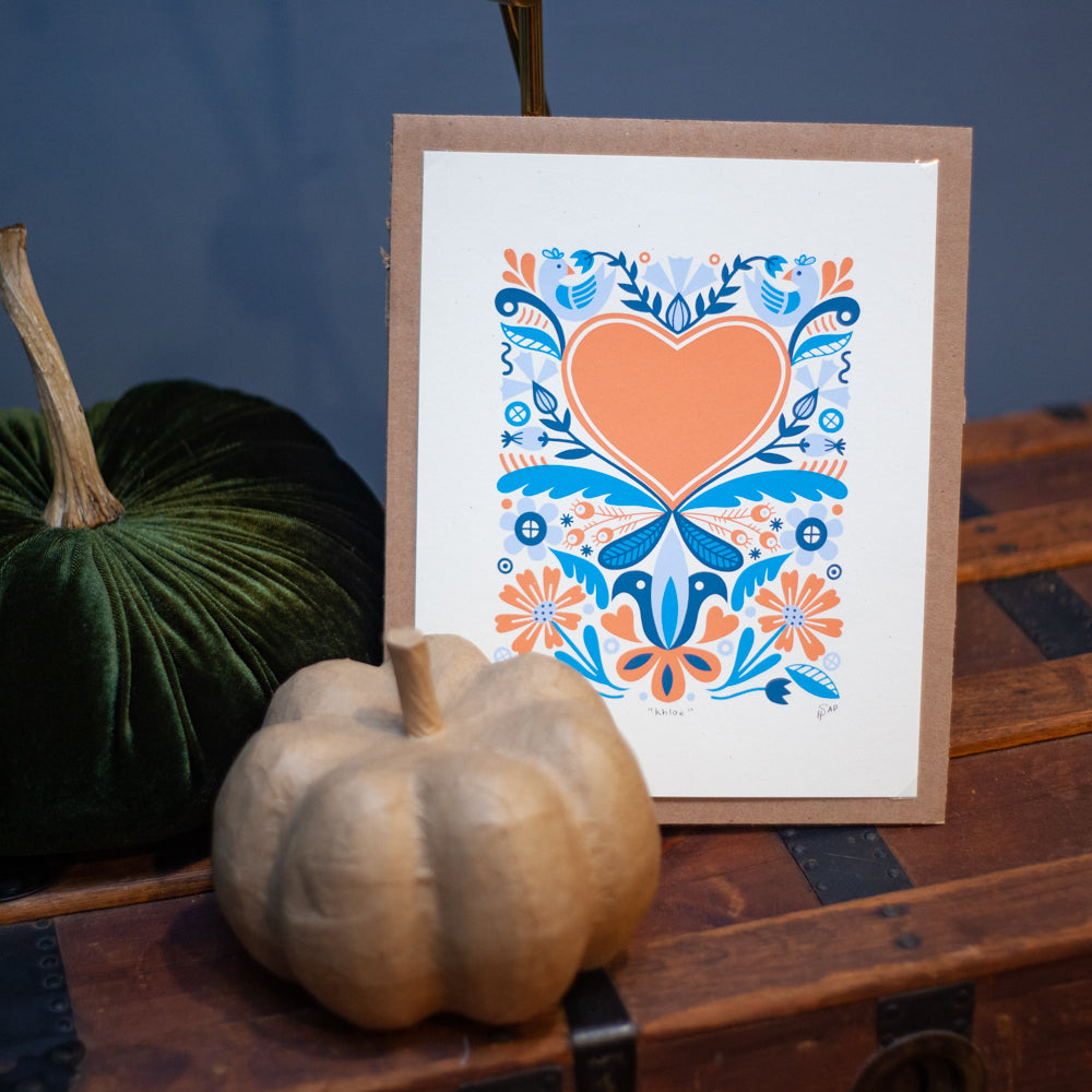 Folk heart art print, fraktur inspired art print, rectangle art for ga ...